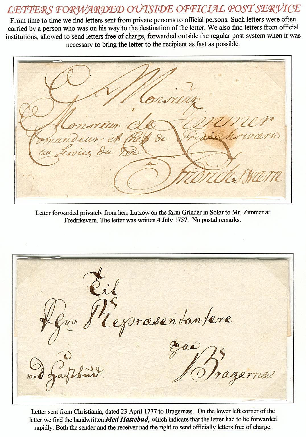 Letters in the 1700´s handled by Norwegian post or forwarded by courier ...